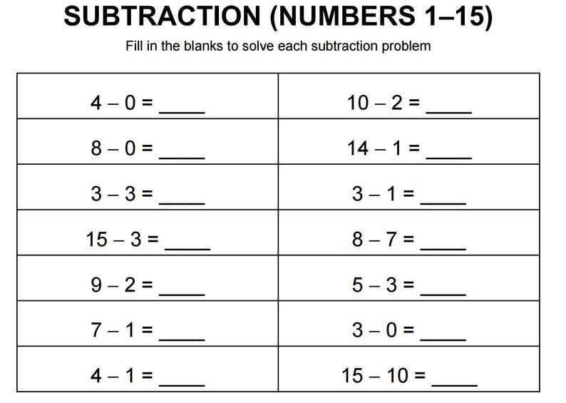 10 Printable Subtraction Worksheets | Fill in the Blanks | Numbers 1–15 ...