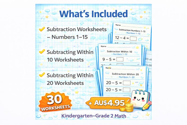 30 Printable Subtraction Worksheets Bundle | Numbers 1–20 ...
