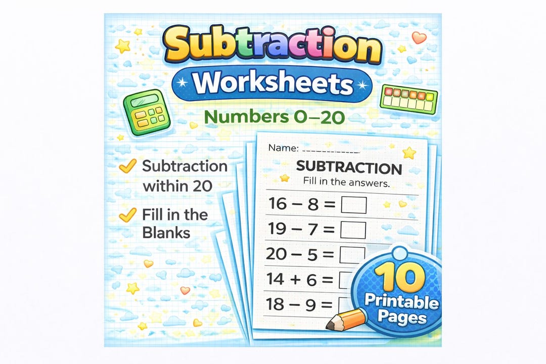 10 Printable Subtraction Worksheets | Fill in the Blanks | Within 20 ...