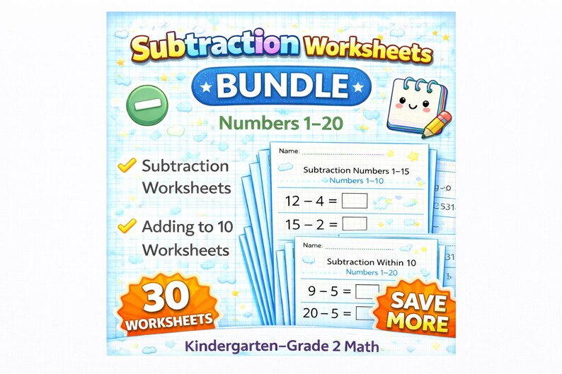 30 Printable Subtraction Worksheets Bundle | Numbers 1–20 ...