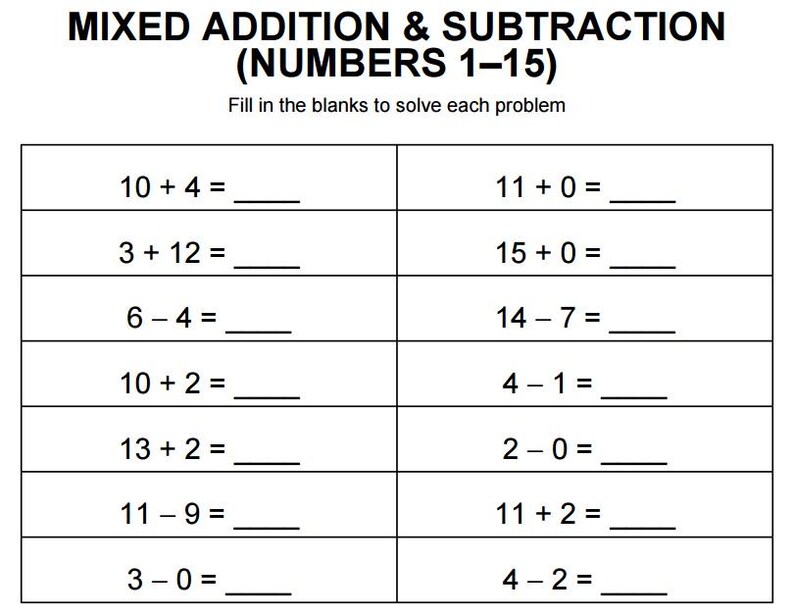 10 Printable Math Worksheets | Addition & Subtraction | Numbers 1–15 ...