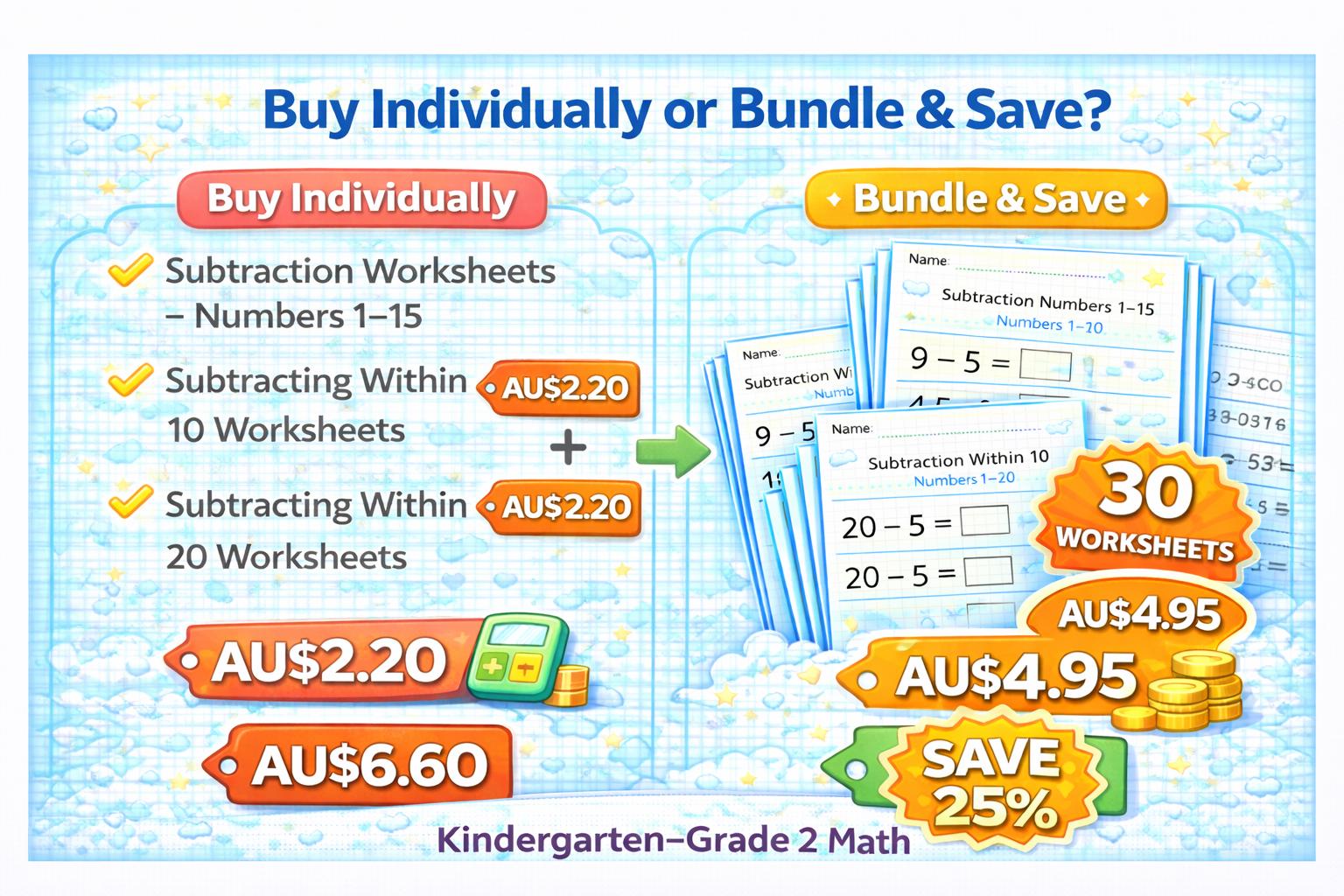 30 Printable Subtraction Worksheets Bundle | Numbers 1–20 ...