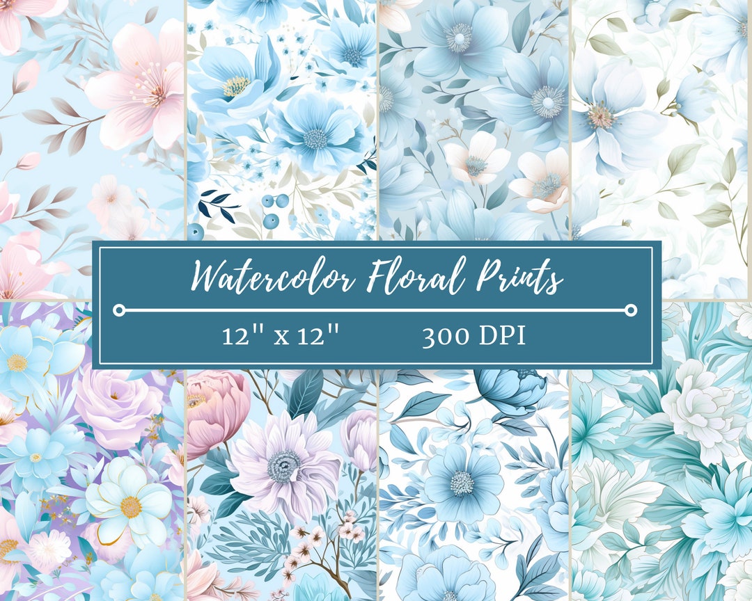 Blue Floral Digital Paper Shabby Chic Varied Watercolor Pastel Style ...