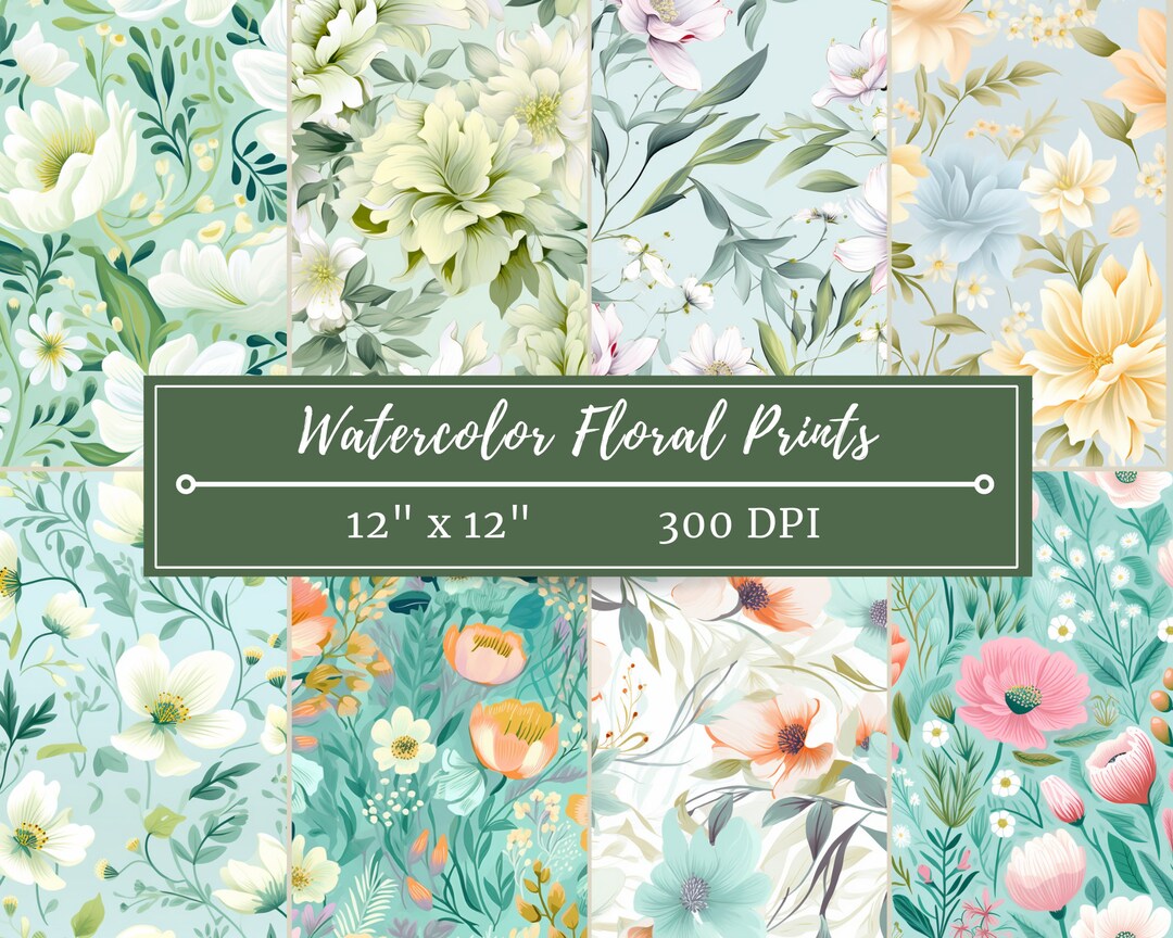 Green Floral Digital Paper Shabby Chic Varied Watercolor Pastel Style ...