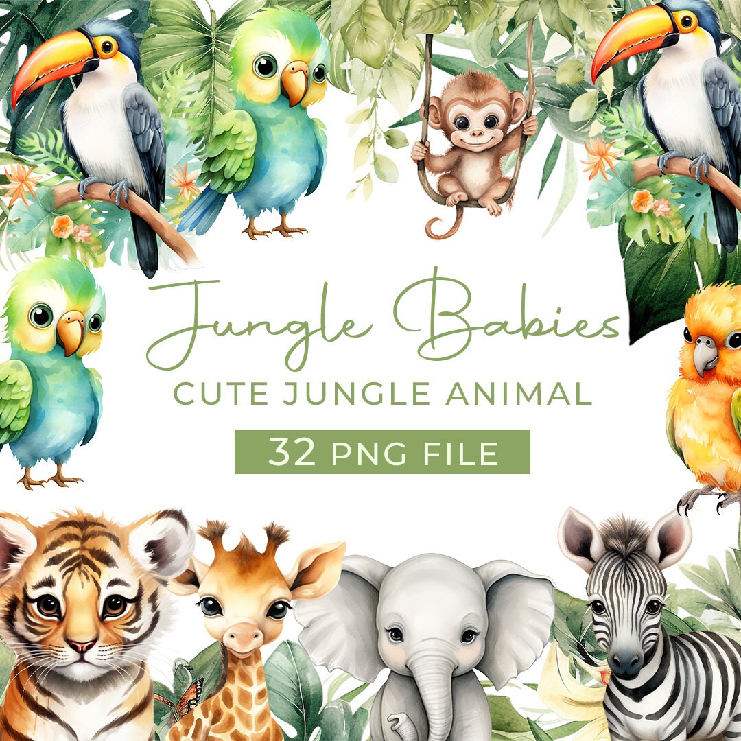 Cute Jungle Animals Clipart Safari Baby Animal PNG Watercolor Animal ...