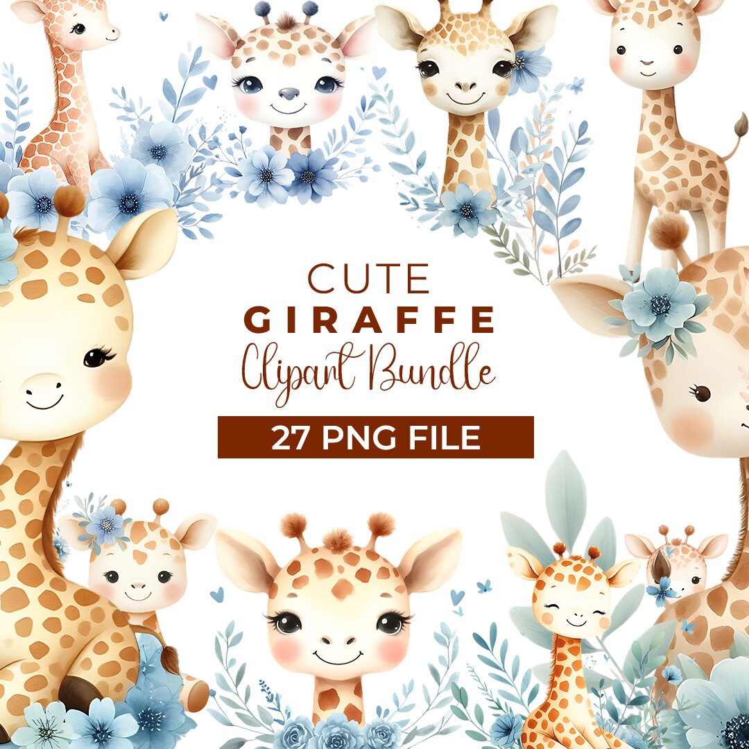 27 Watercolor Cute Giraffe Clipart Bundle Baby Giraffe PNG Floral ...