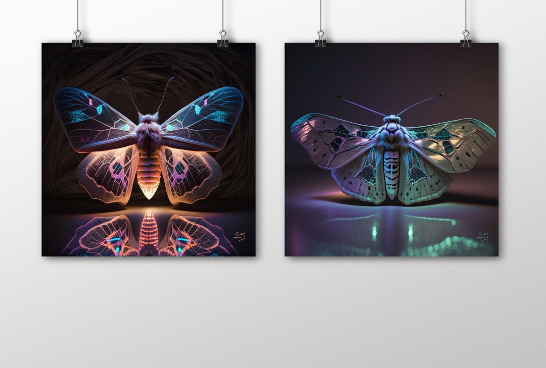 Matched Neon Moth Prints | Modern Winged Insect Art | Home Decor ...