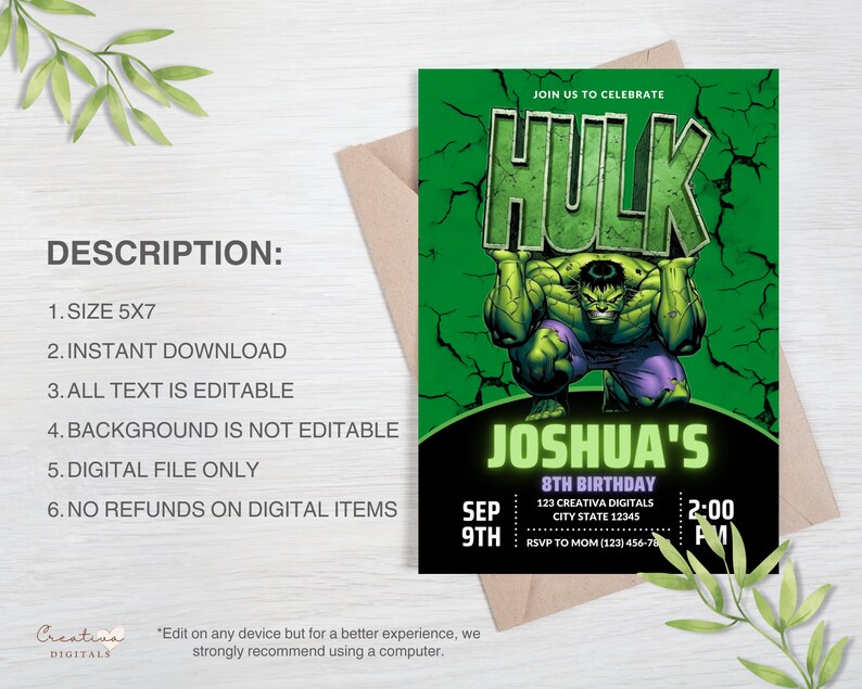 The Hulk Birthday Invitation Superhero Birthday Invite - Etsy