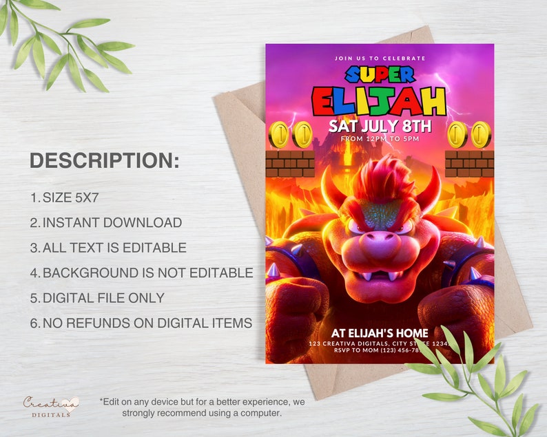 Bowser Birthday Invitation Super Mario Birthday Invitation - Etsy Australia