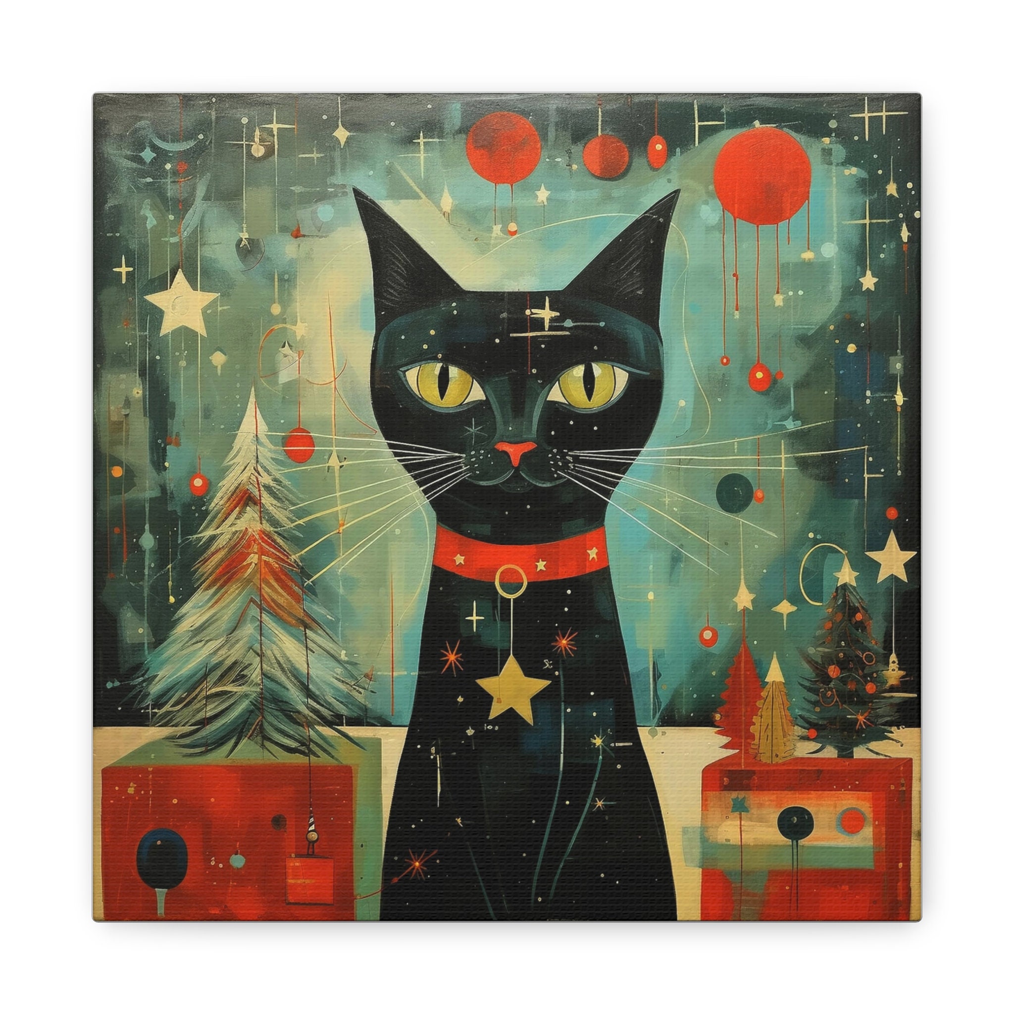 Black Cat Christmas Art Print Holiday Wall Art Black Cat Art Print ...