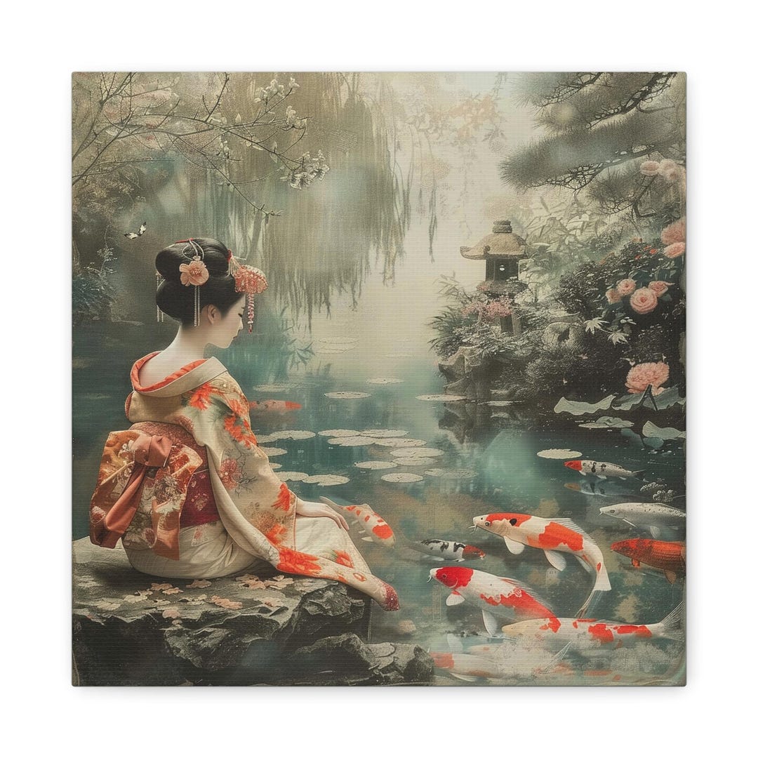 Japanese Geisha Canvas Print: Koi Pond Zen Garden Wall Art - Etsy