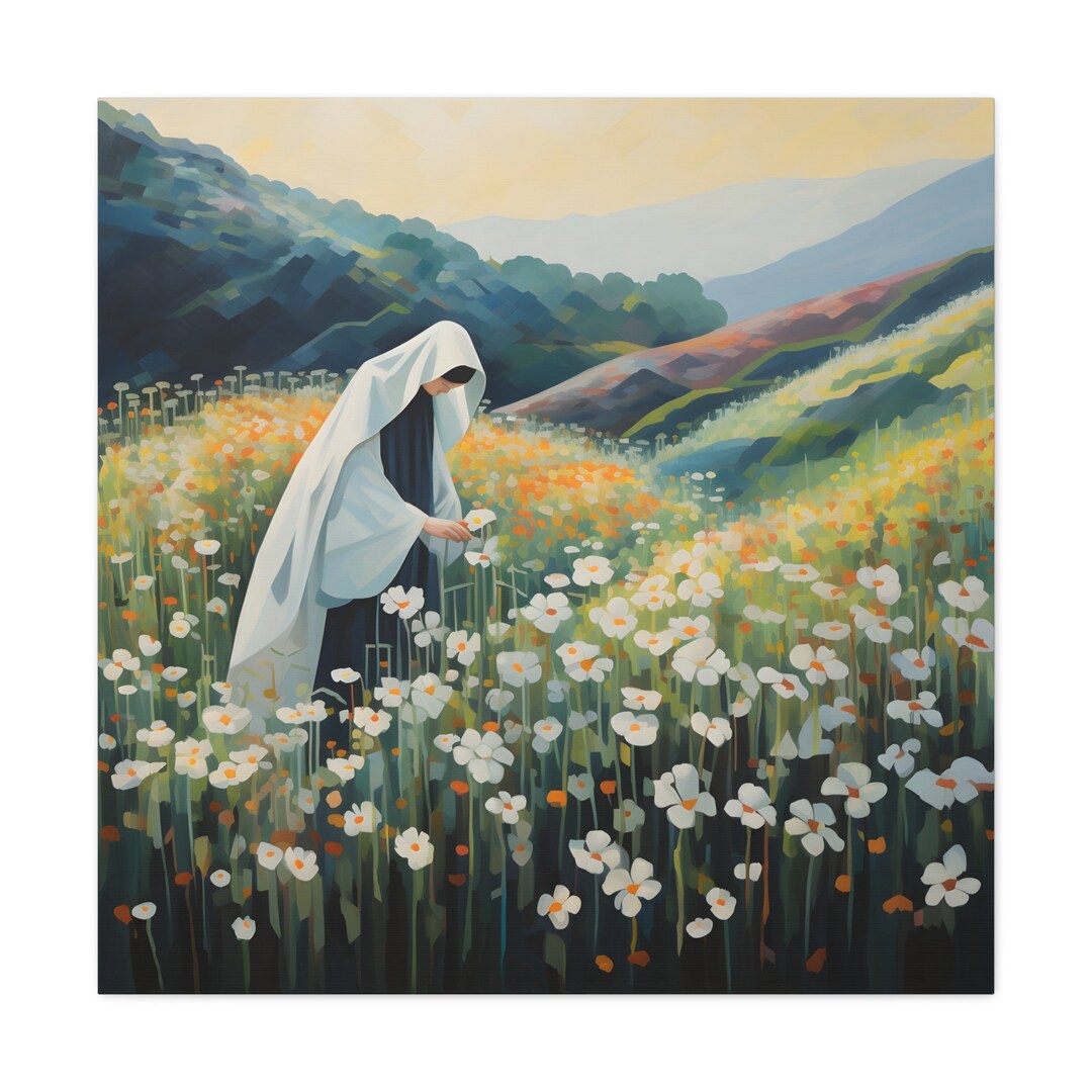 Nun in Field of Flowers Canvas Print Holy Woman Wall Art Sister Walking ...