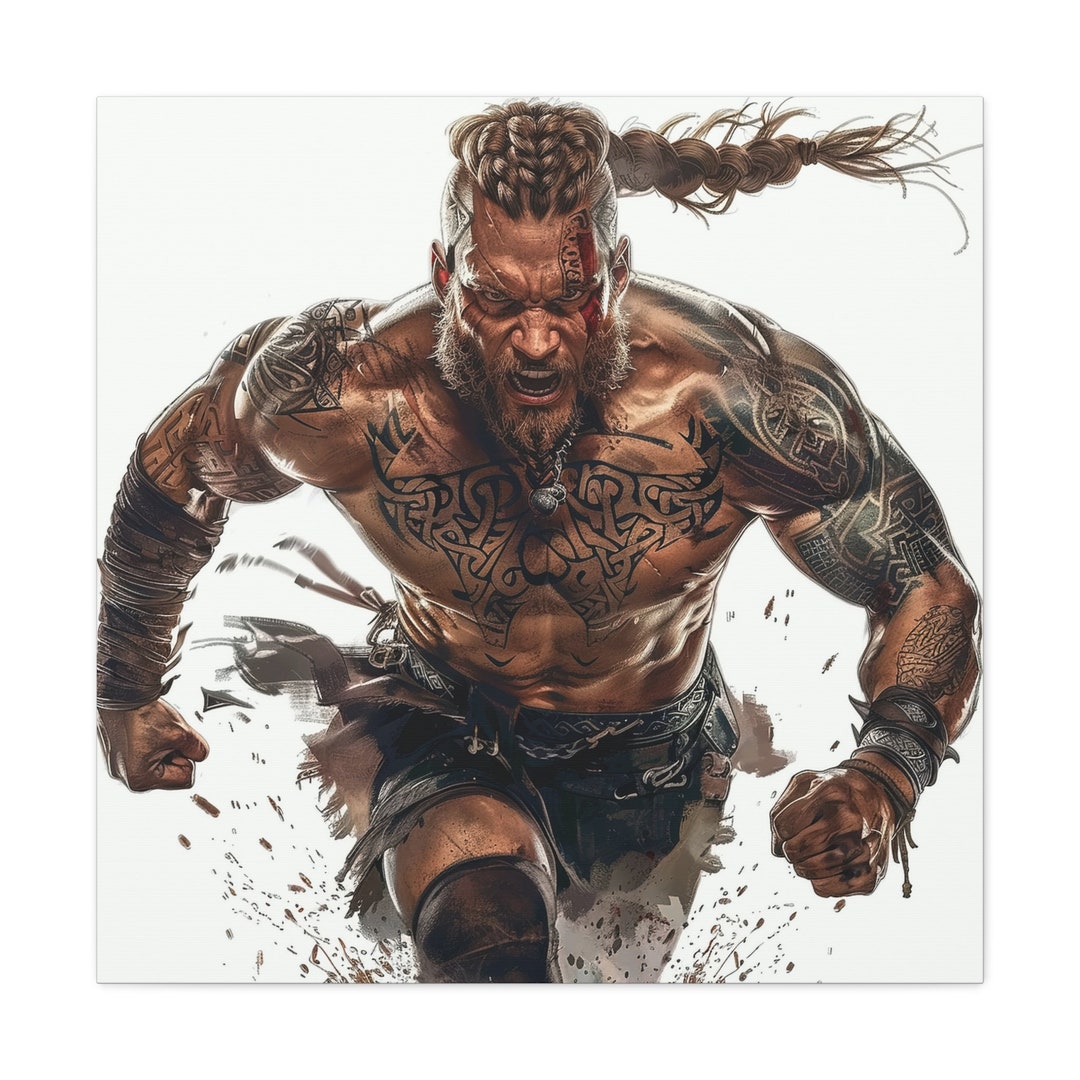 Charging Viking Canvas Print Muscular Nordic Warrior Wall Art Man Cave ...