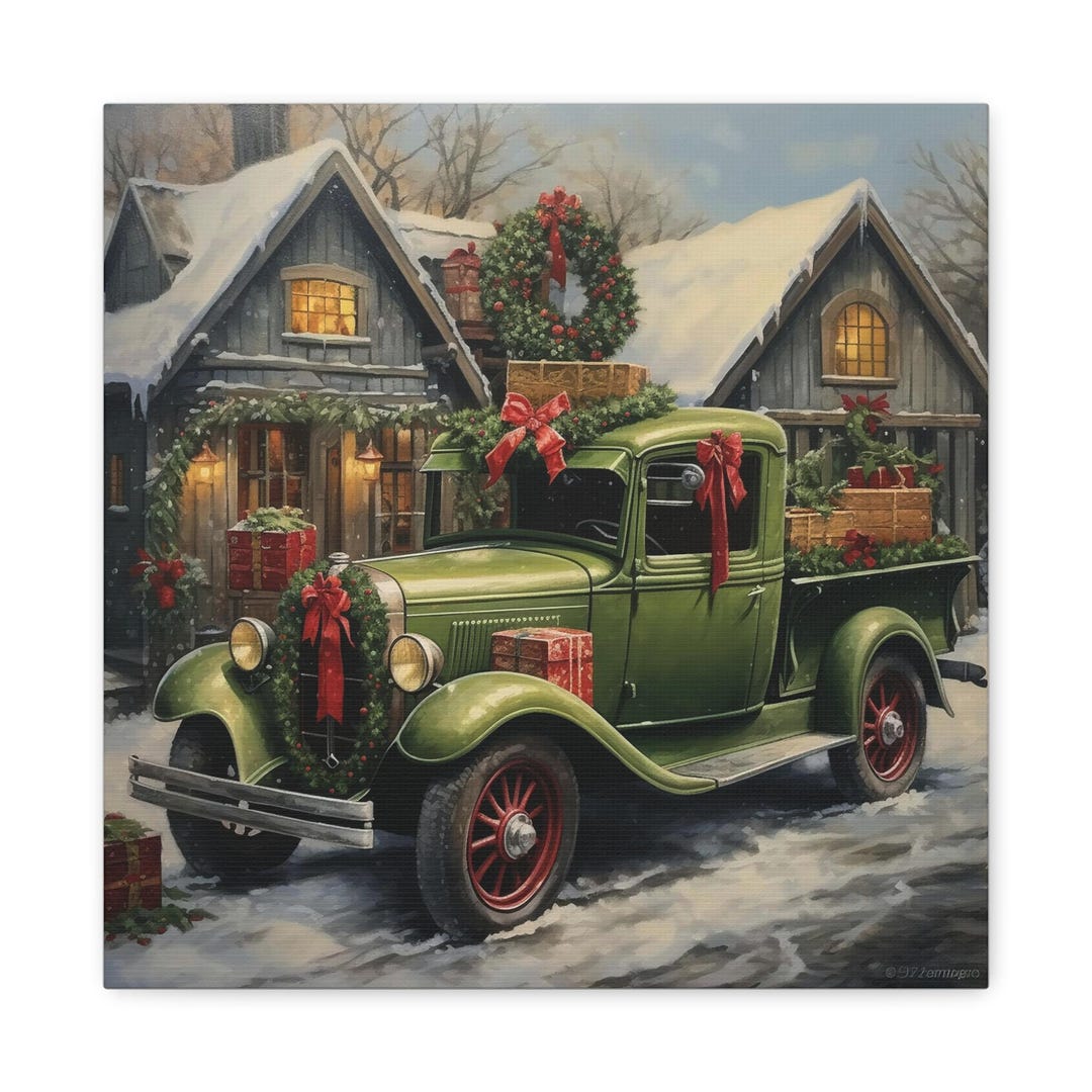 Antique Christmas Truck Wall Art Old Green Truck Art Print Christmas ...