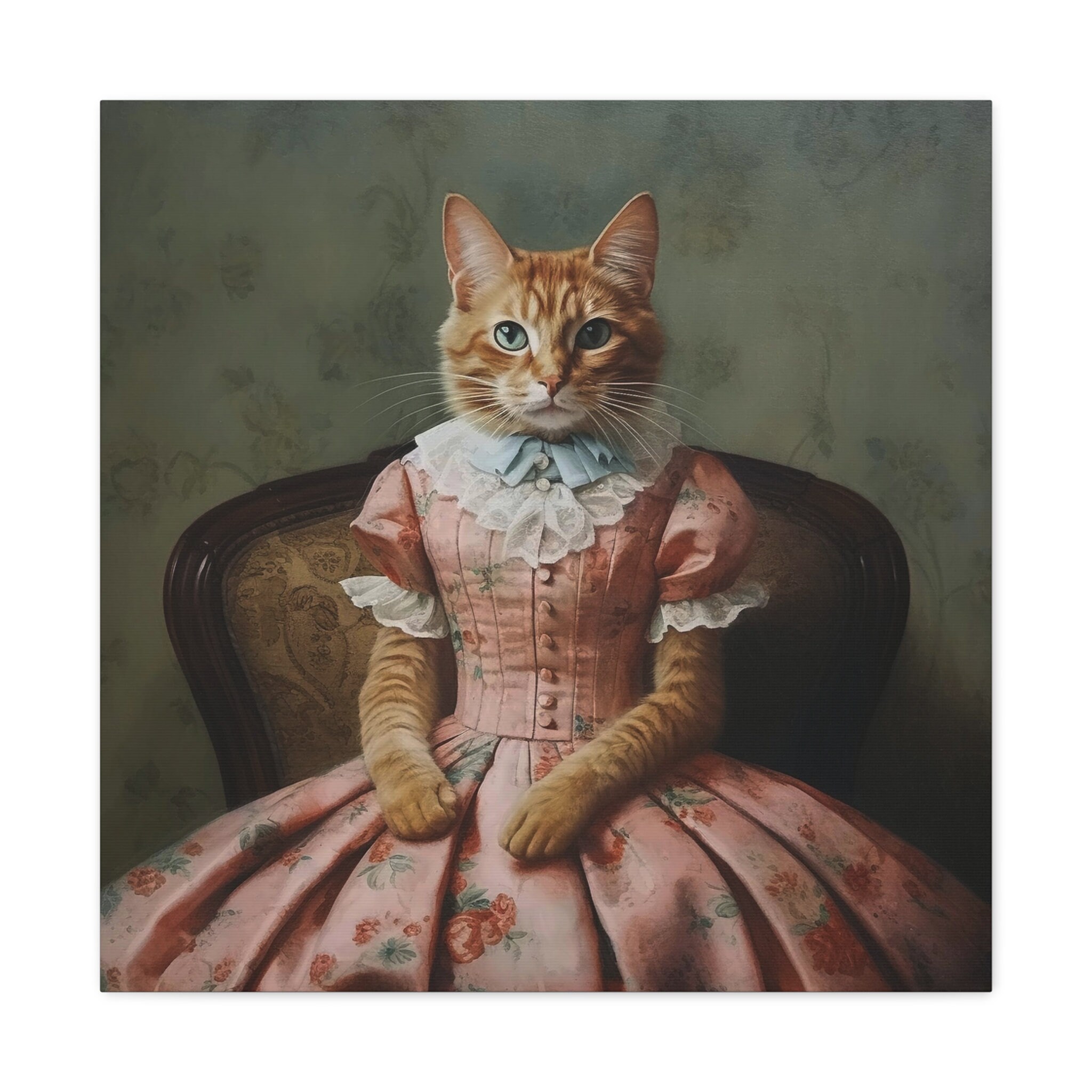 Victorian Cat in Dress Print Wall Art Pink Floral Dress Kitty Wall Art ...
