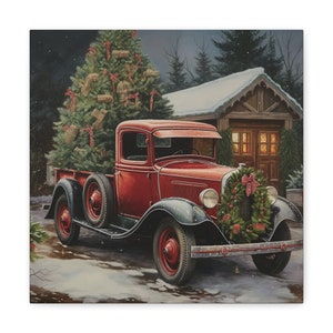Antique Christmas Truck Wall Art Old Red Truck Art Print Christmas Tree ...