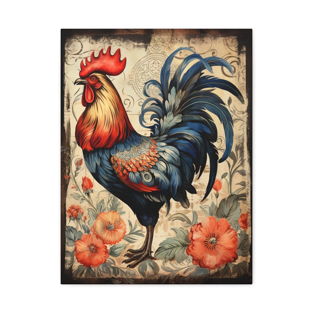 Vintage Rooster Wall Art, Rustic Farmhouse Decor, Colorful Canvas Print ...