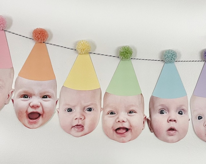 Pastel Rainbow Custom Face Banner, Pom Pom Party Hats - Etsy