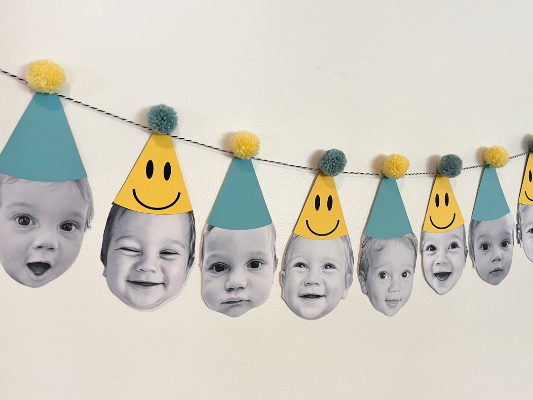 Smiley Custom Face Banner, Pom Pom Party Hats - Etsy