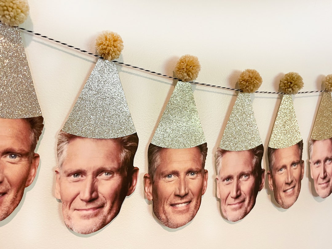 Golden Custom Face Banner, Pom Pom Party Hats - Etsy