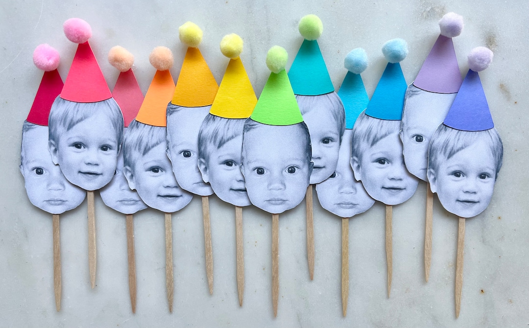Cupcake Toppers, Custom Face, Pom Pom Party Hats - Etsy