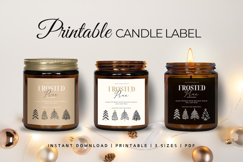Printable Christmas Candle Labels, Christmas Labels, Frosted Pine ...