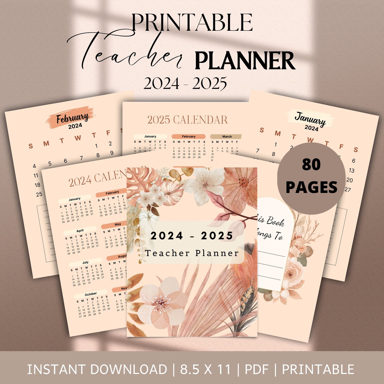 Printable Teacher Planner Boho Theme 2024, Digital Teacher Planner ...