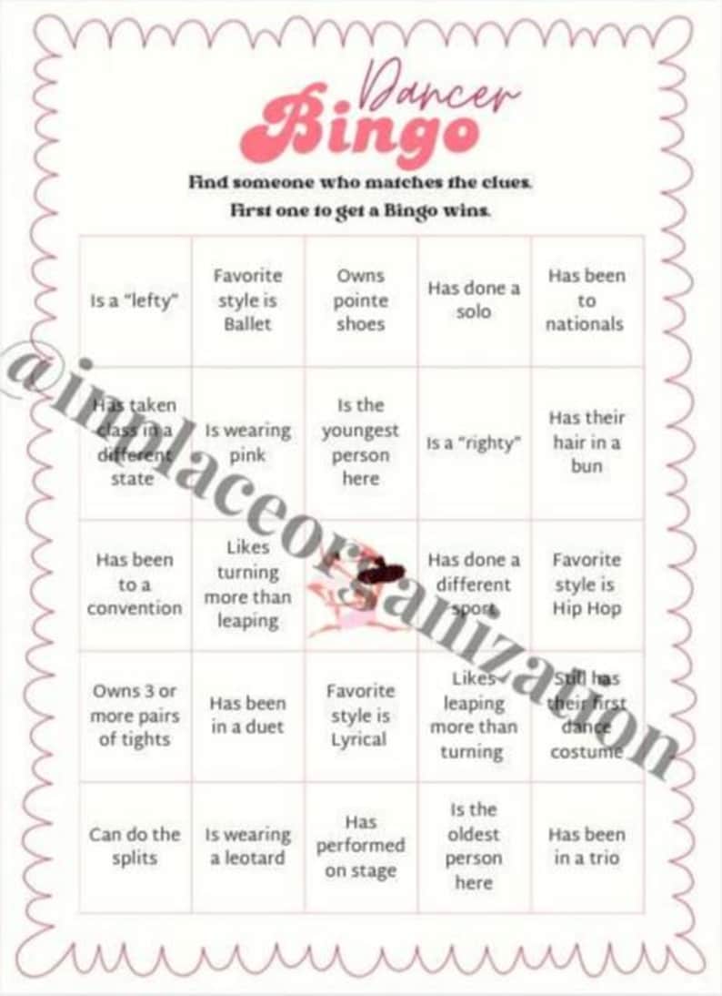 Dancer BINGO ~ Fun Team-bonding Activity ~ 24 Squares PLUS 1 Free ...