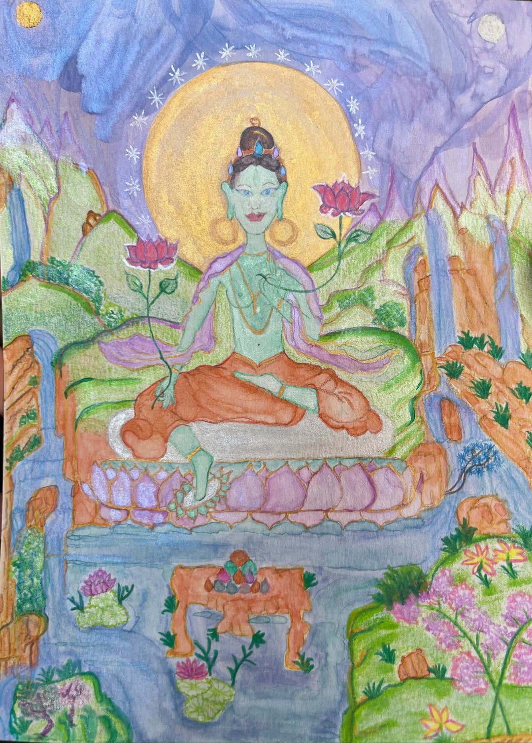 Green Tara Metallic Water Color Painting - Etsy