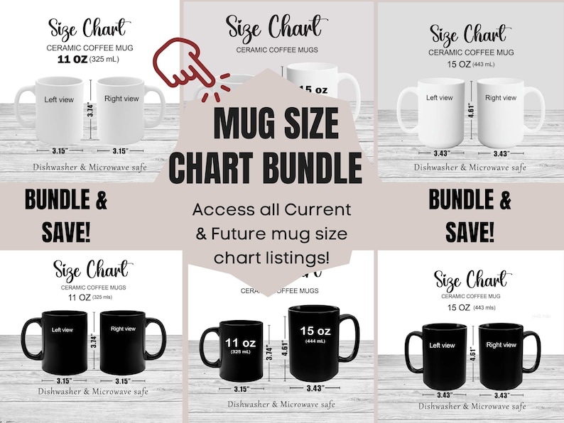 Mug Size Chart Bundle | 11oz and 15oz, Black and White (digital ...