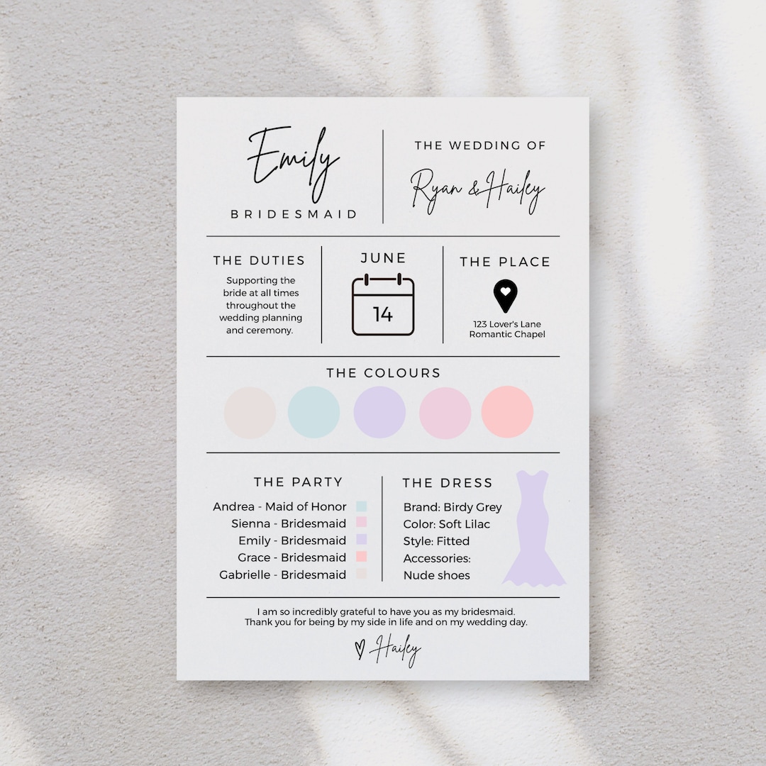 Bridesmaid Info Card Template, Bridal Party Info Card, Bridesmaid ...