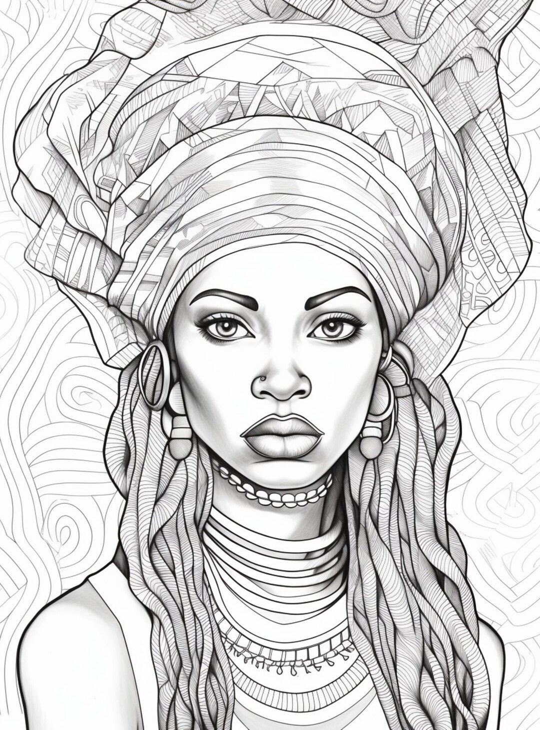 Printable Adult Coloring Page, Beautiful African Woman, Grayscale ...