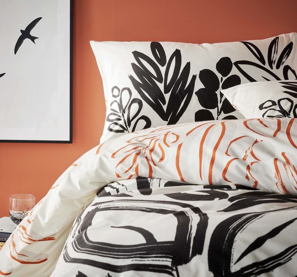 Vantona Essentials Range Mono Leaves Duvet Cover Set Black - Etsy