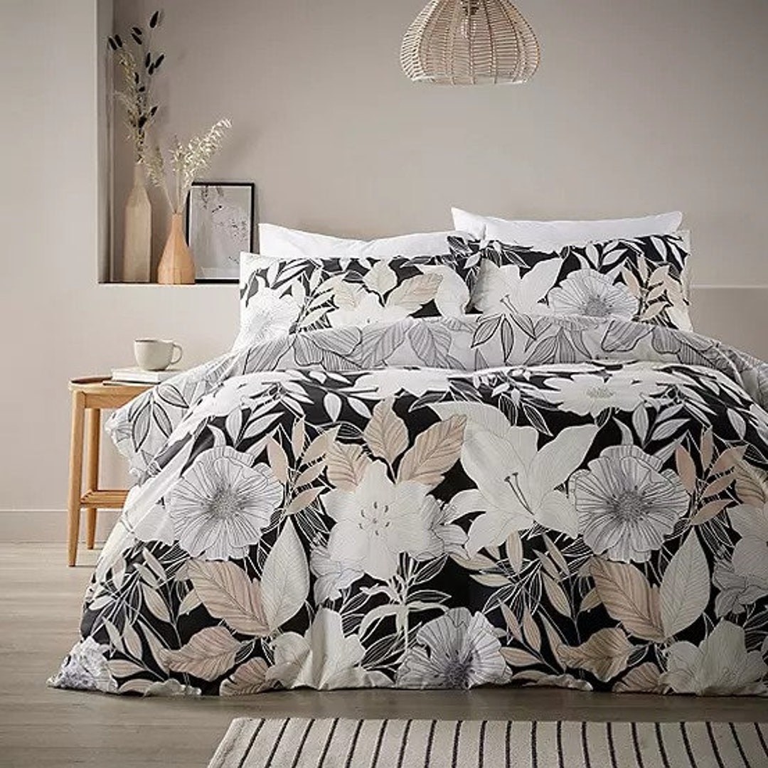 Vantona Essentials Range Linear Bouquet Duvet Cover Set - Black - Etsy