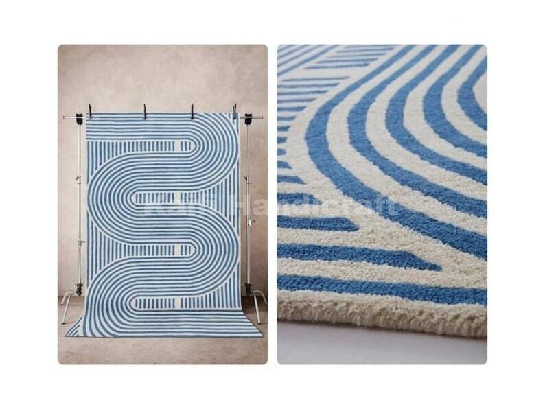 Liner Modern Sky-blue White Hand Tufted Wool Rug for Bedroom, Living ...