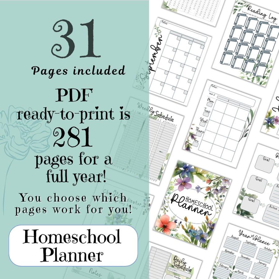 Botanical Homeschool Planner: Undated Calendar, Tracking Sheets (PDF ...