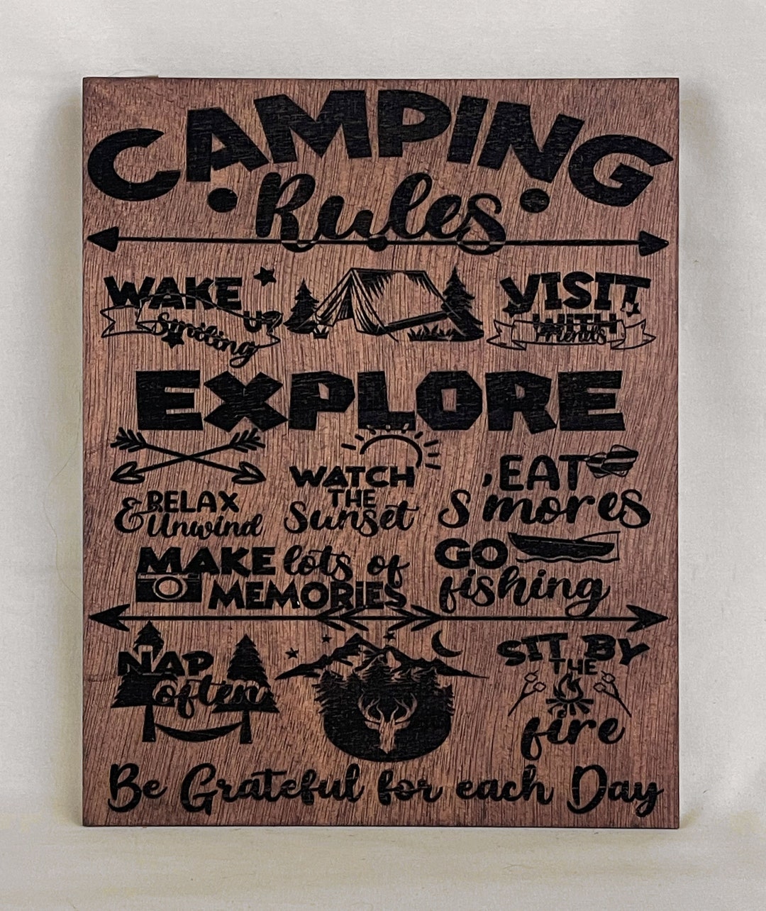 Camping Rules Etched Wooden Wall Art Plaque, Etched Wooden Canvas and ...