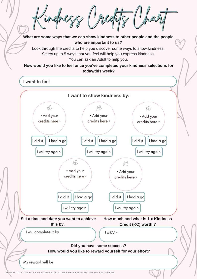 PDF A4 Printable Kindness Credits & Chart, a Setting Goals and Reward ...