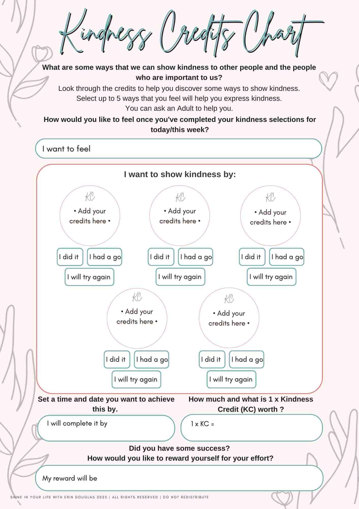 PDF A4 Printable Kindness Credits & Chart, a Setting Goals and Reward ...
