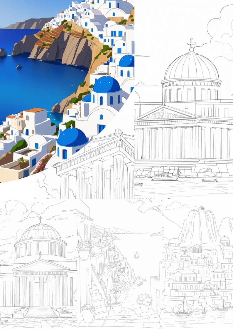 Greece Coloring Book Famous Architecture and Scenic Views Creative Gift ...