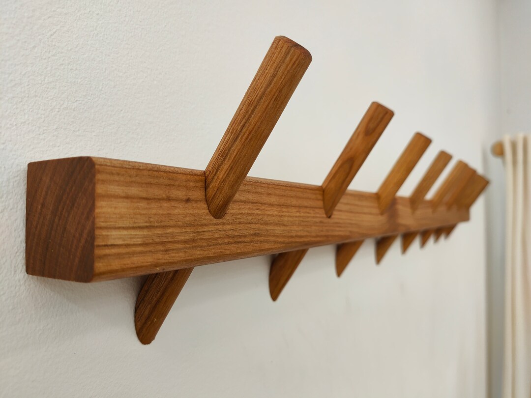 Natural Cherry Wood Wall Rack, Wall Coat Rack With 4-8 Hooks, Coat Rack ...