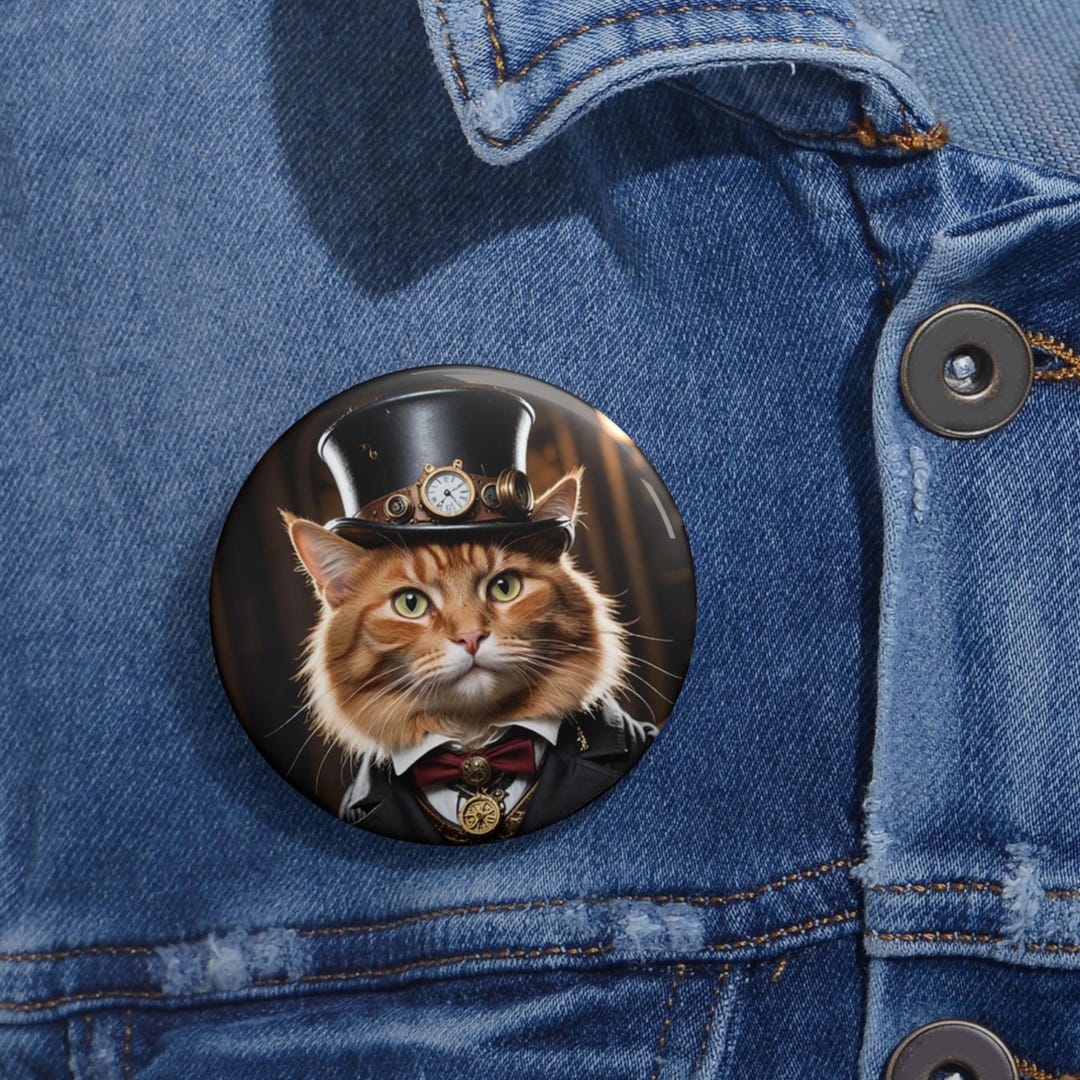Steampunk Ginger Cat Pin Button: Whimsical Kitty Art (2.25" Round) - Etsy