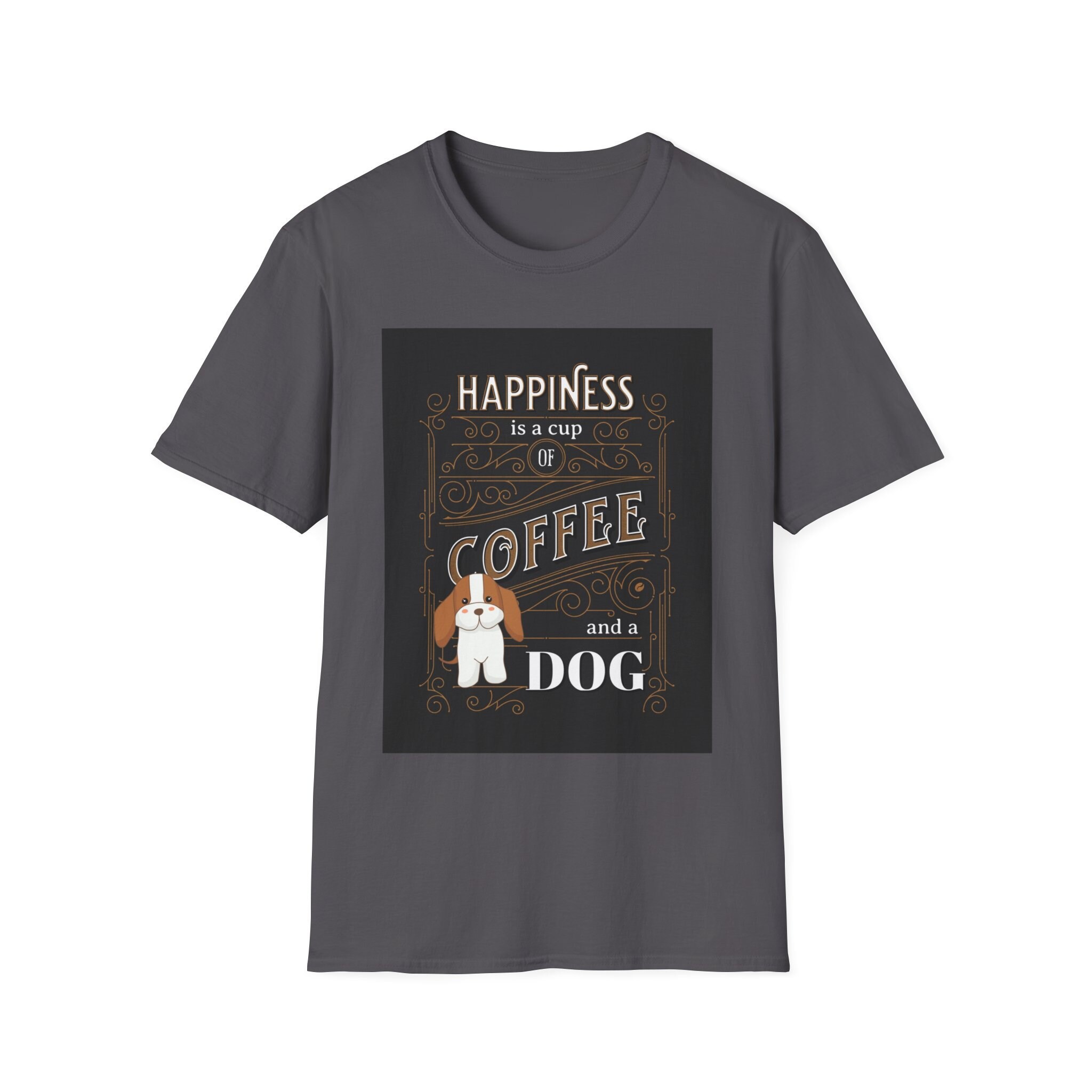 Happiness is a Cup of Coffee and a Dog black Image Unisex Softstyle T ...
