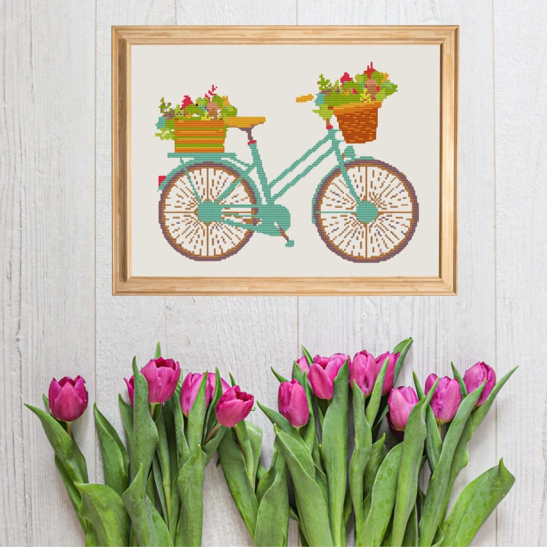 Vintage Bike Cross Stitch Pattern, Bike Cross Stitch, Floral Bike Cross ...