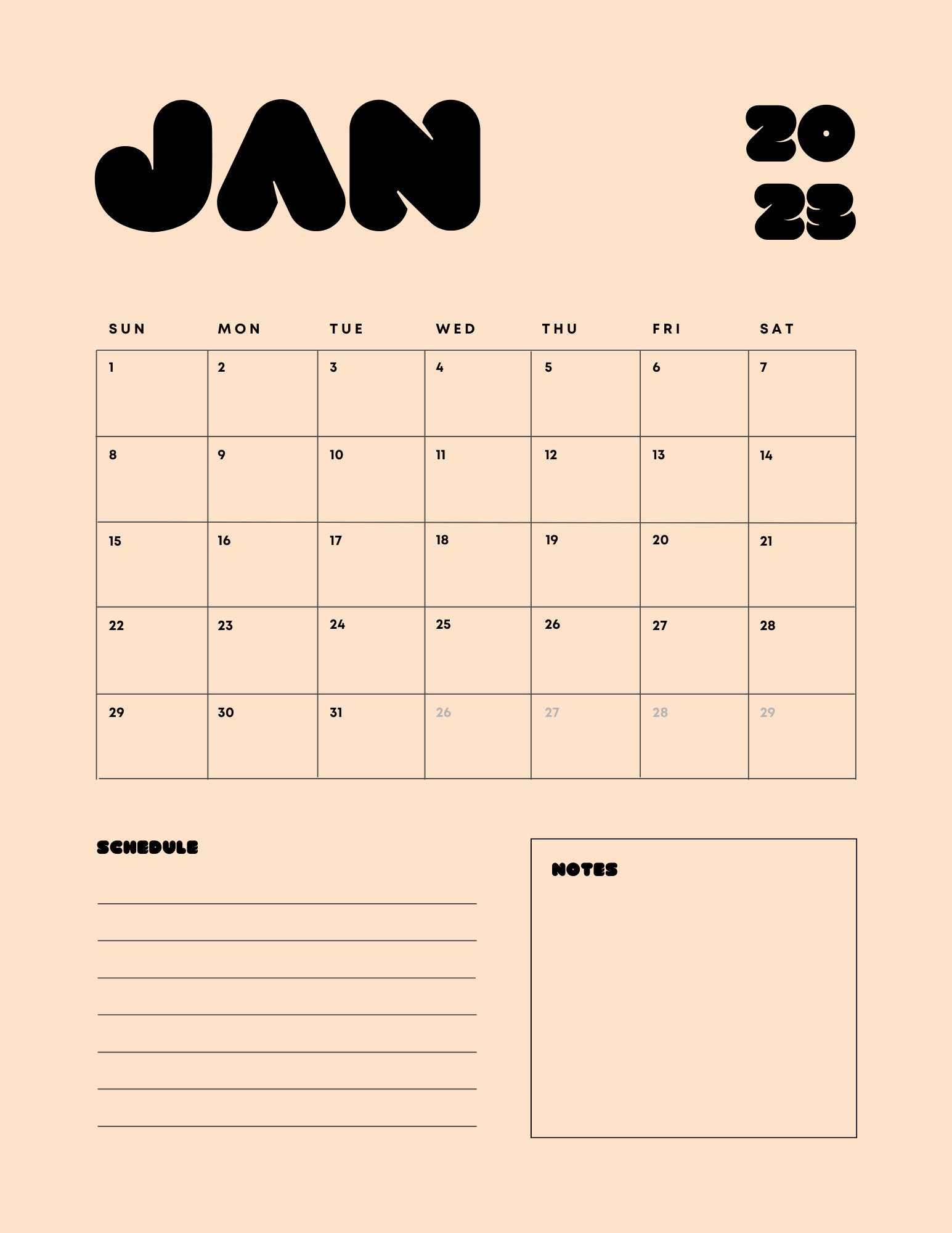 Modern Funky Printable Yearly 2023 Calendar, Monthly Goals, Download ...