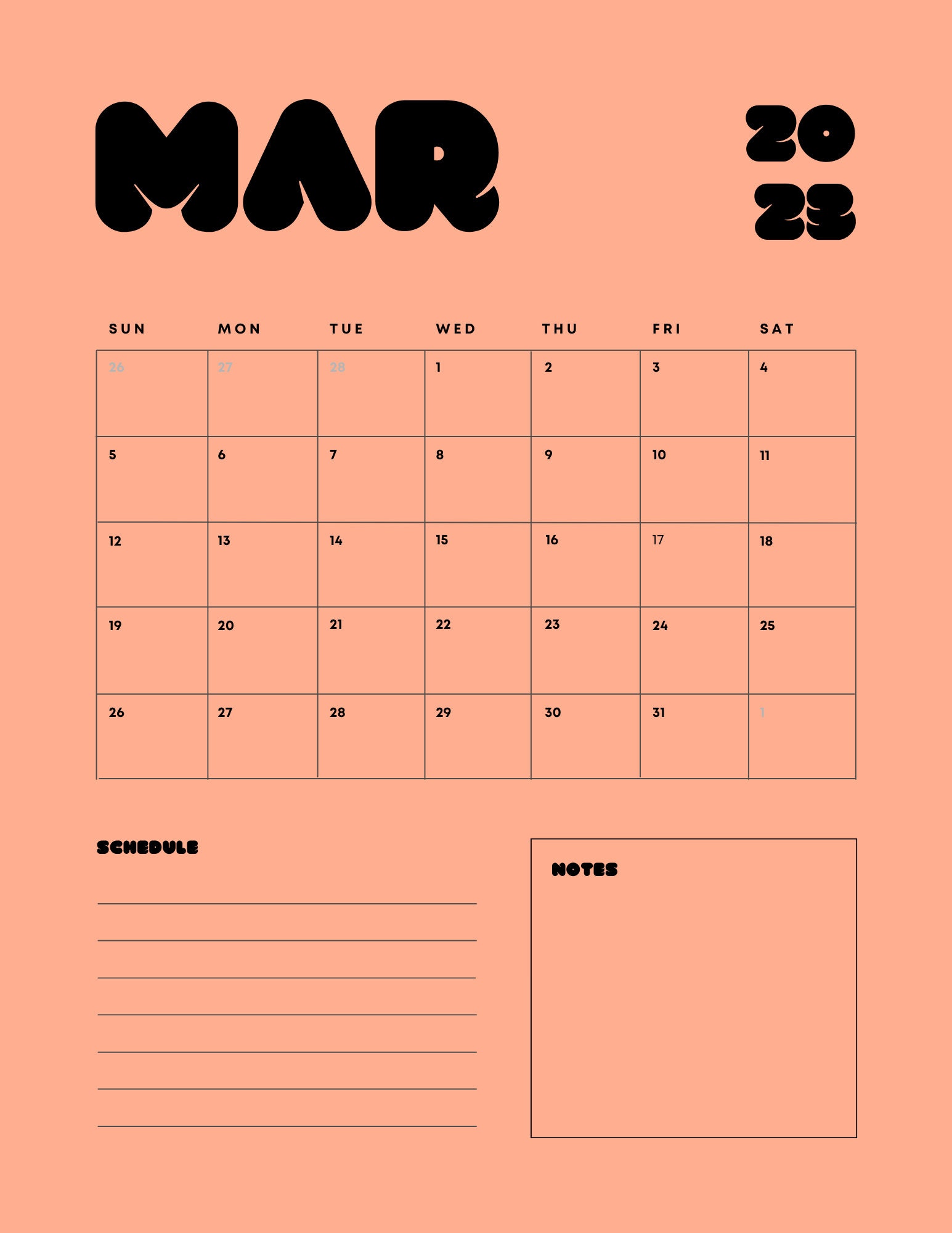 Modern Funky Printable Yearly 2023 Calendar, Monthly Goals, Download ...