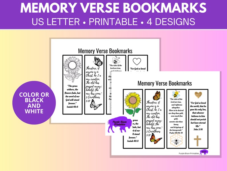 Four Bible Verse Bookmarks in Color or Black and White. for Use in ...