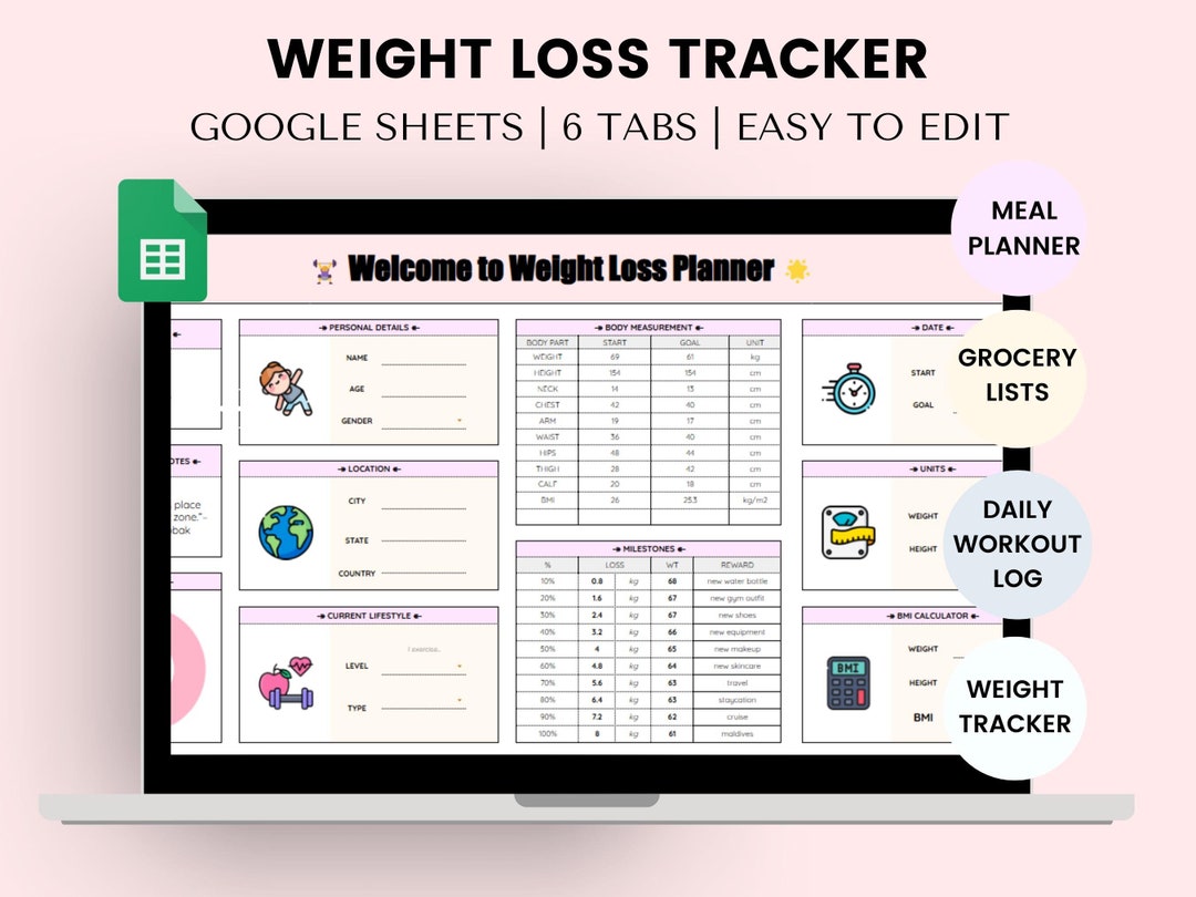 Weight Loss Tracker Spreadsheet for Google Sheets, Weight Loss Planner ...