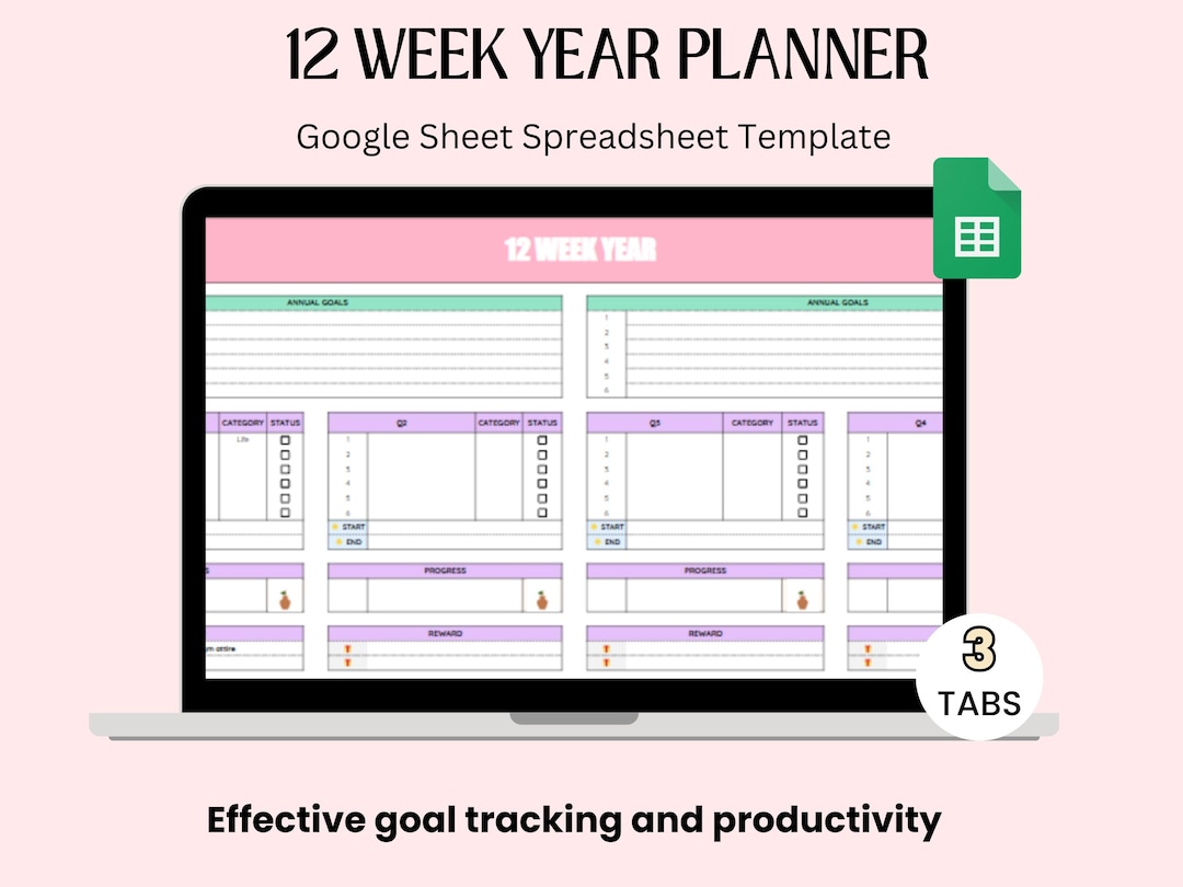 12 Week Year Planner Google Sheets Template, 90 Day Goal Tracker, 12 ...
