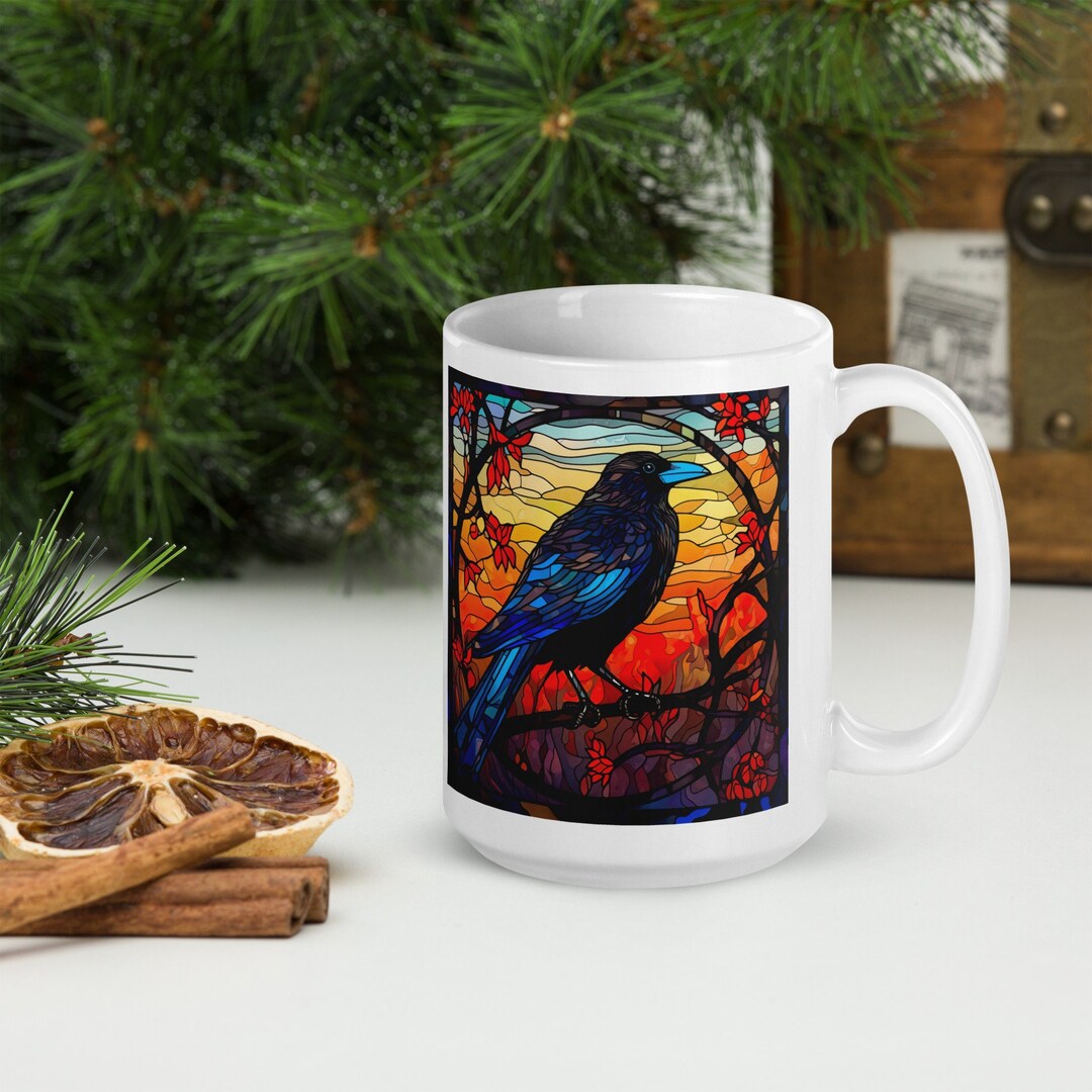 Crow Coffee Mug in Stained Glass Style | Duplicate Image Halloween Home ...